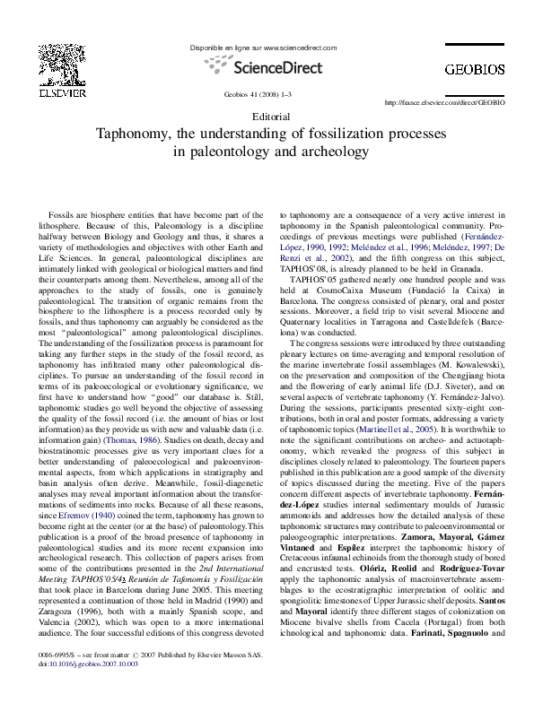 (PDF) Taphonomy, the understanding of fossilization processes in paleontology and archeology