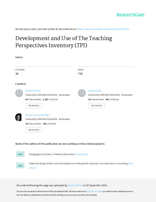 (PDF) Development and Use of The Teaching Perspectives Inventory (TPI)