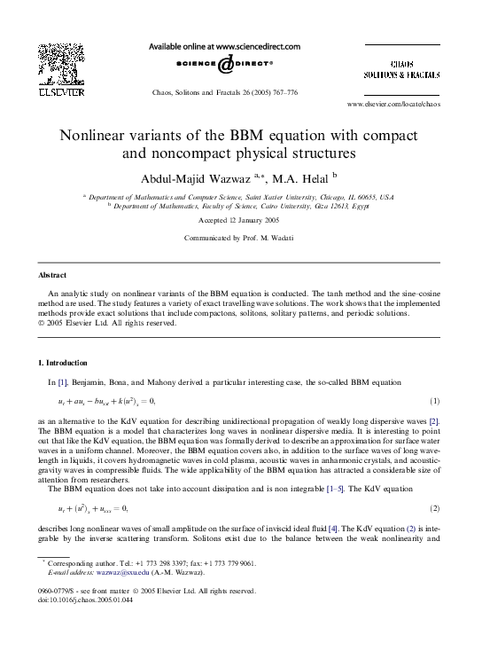 (PDF) Nonlinear variants of the BBM equation with compact and ...