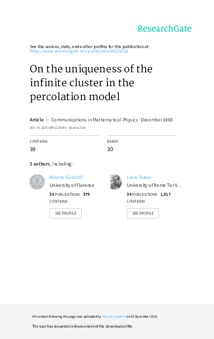 (PDF) Uniqueness of Infinite Cluster in Percolation