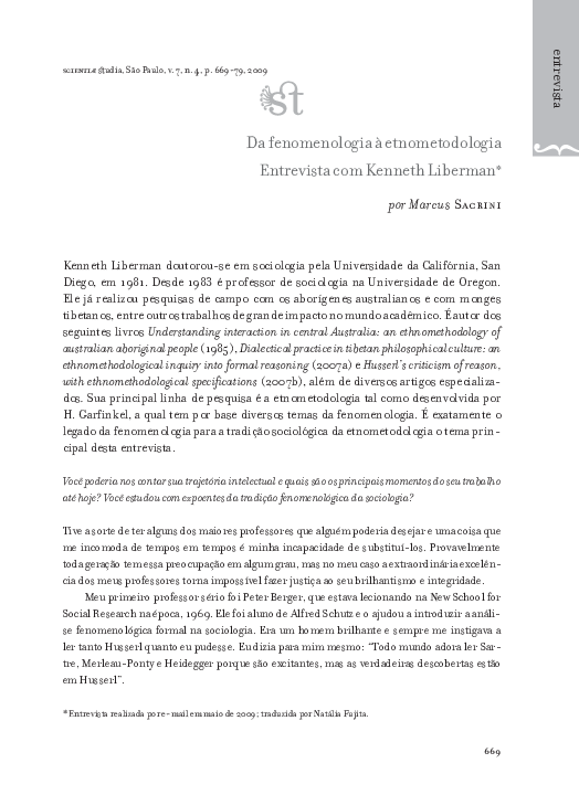 (PDF) Da fenomenologia à etnometodologia Entrevista com Kenneth Liberman