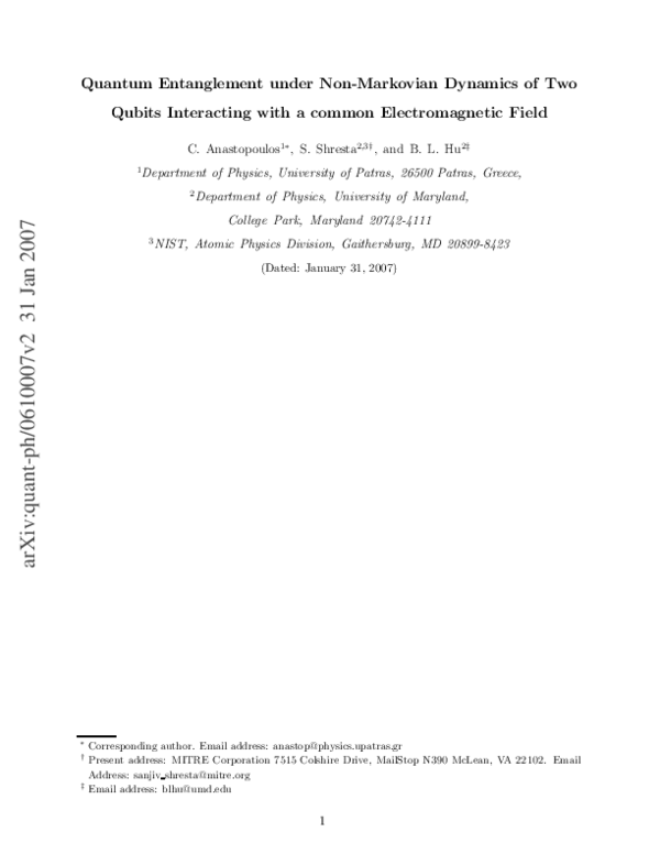 Pdf Quantum Entanglement Under Non Markovian Dynamics Of Two Qubits