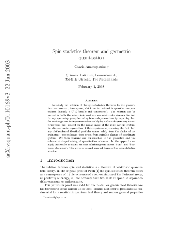 (PDF) Spin-Statistics Theorem and Geometric Quantisation