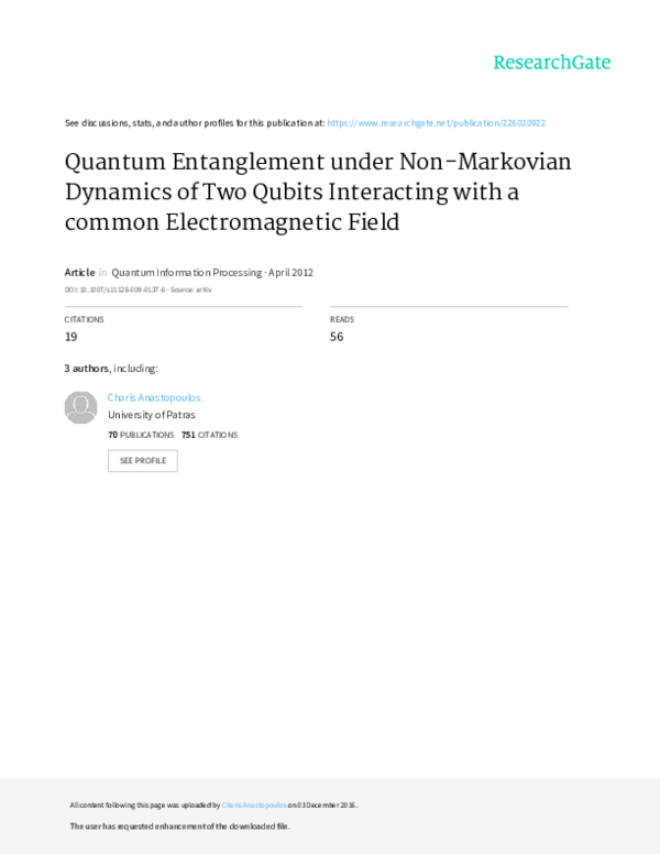 (PDF) Non-Markovian Entanglement Dynamics of Two Qubits Interacting with a Common ...