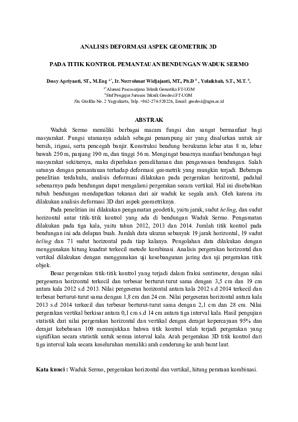 (DOC) ANALISIS DEFORMASI ASPEK GEOMETRIK 3D PADA TITIK KONTROL PEMANTAUAN BENDUNGAN WADUK SERMO