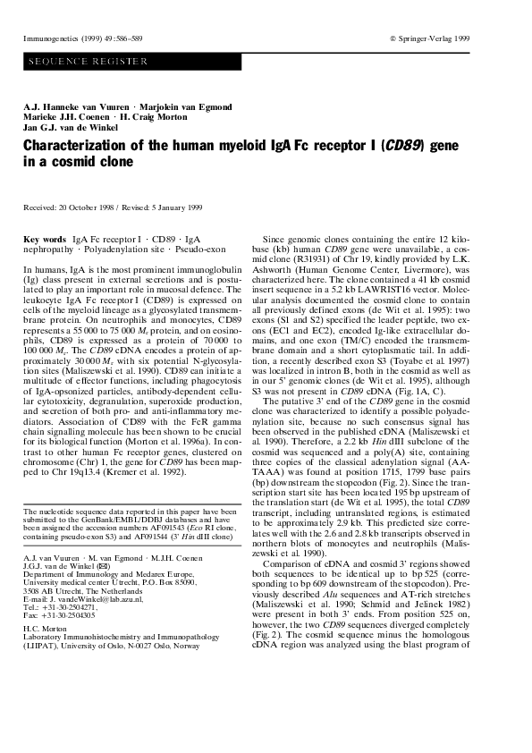 (PDF) Characterization of the human myeloid IgA Fc receptor I (CD89 ...
