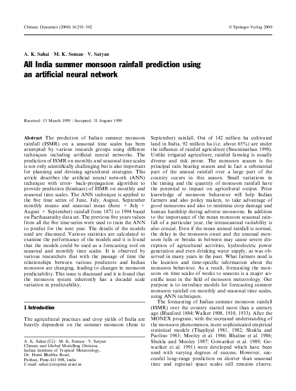 (PDF) All India summer monsoon rainfall prediction using an artificial ...