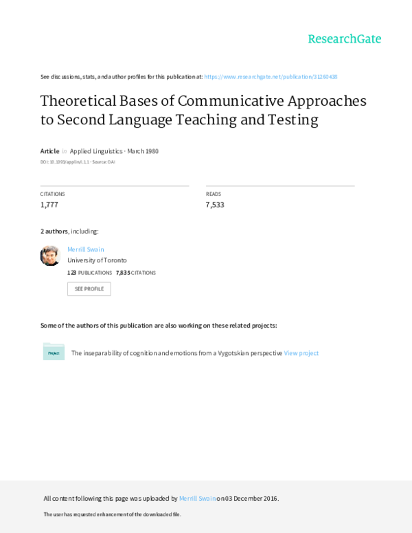 (PDF) THEORETICAL BASES OF COMMUNICATIVE APPROACHES TO SECOND LANGUAGE ...
