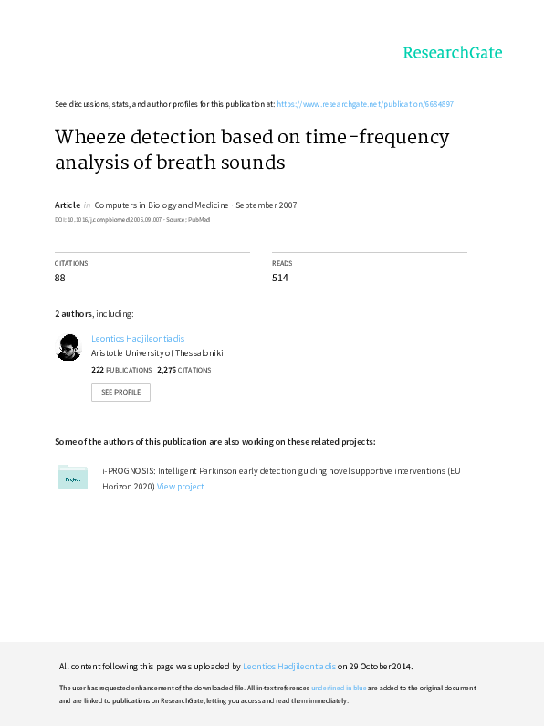 (PDF) Wheeze detection based on time-frequency analysis of breath sounds