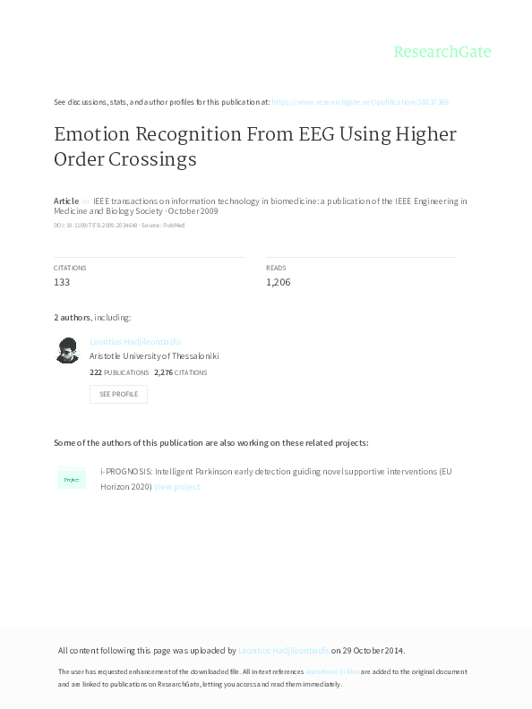 Pdf Emotion Recognition From Eeg Using Higher Order Crossings