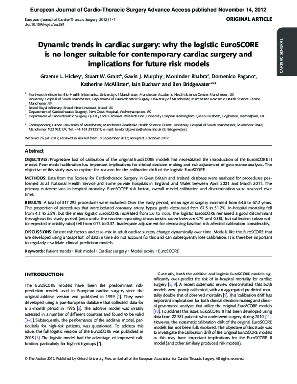 (PDF) Dynamic trends in cardiac surgery: why the logistic EuroSCORE is ...