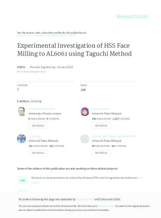 (PDF) Experimental Investigation of HSS Face Milling to AL6061 using ...