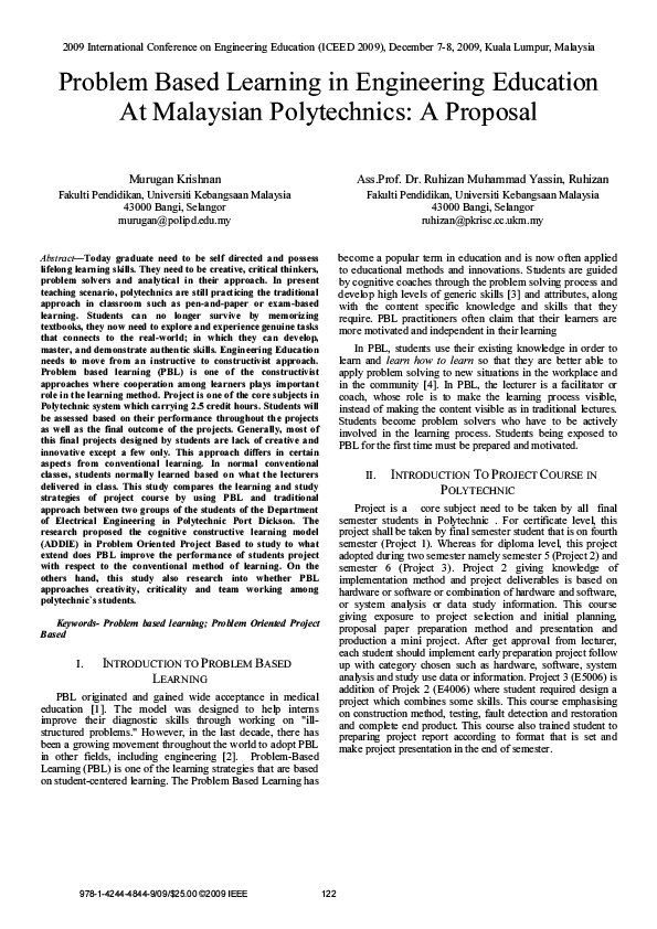 (PDF) Problem based learning in Engineering Education at Malaysian polytechnics: A proposal