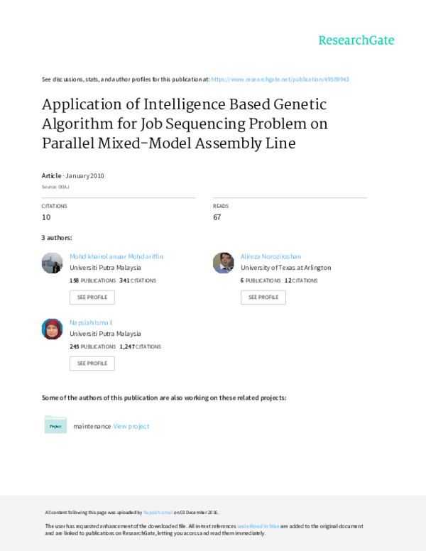 Pdf Application Of Intelligence Based Genetic Algorithm For Job Sequencing Problem On Parallel 