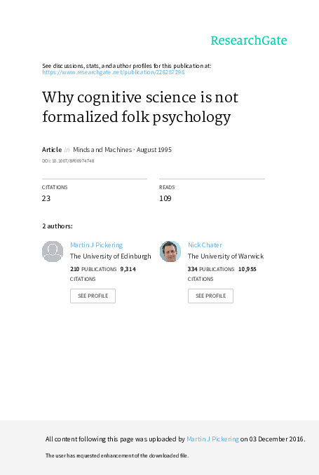 (PDF) Why cognitive science is not formalized folk psychology | Cesar ...