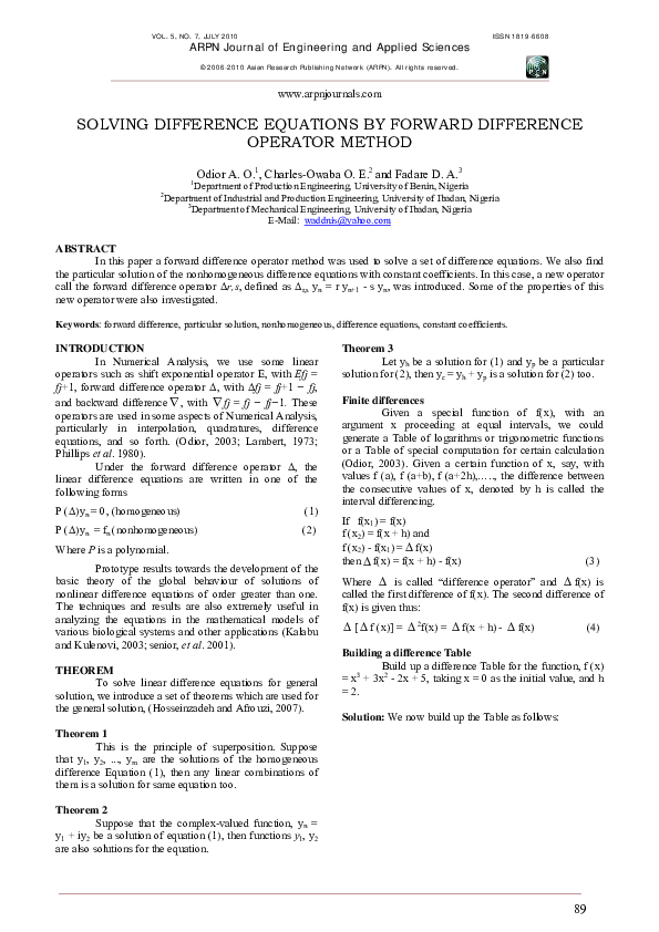 Pdf Solving Difference Equations By Forward Difference Operator Method