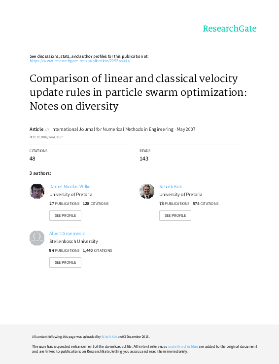 (PDF) Comparison of linear and classical velocity update rules in particle swarm optimization ...