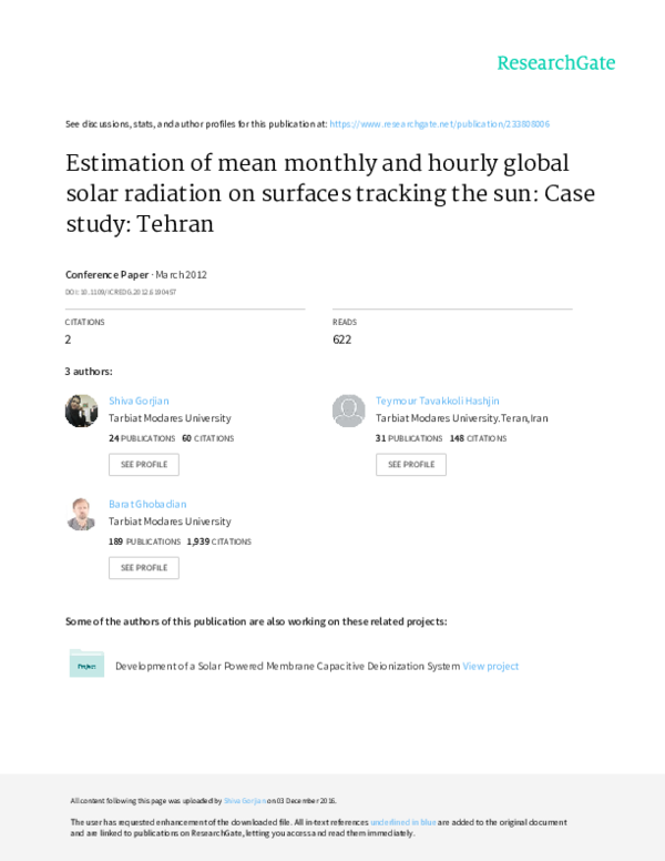 (PDF) Estimation of mean monthly and hourly global solar radiation on surfaces tracking the sun ...