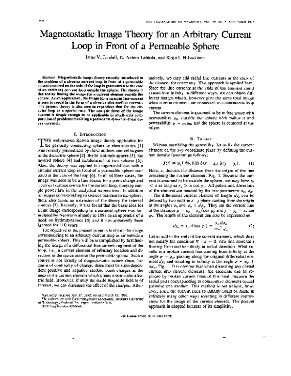 Pdf Magnetostatic Image Theory For An Arbitrary Current Loop In Front