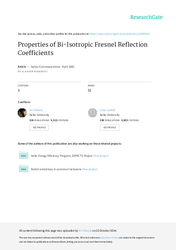 (PDF) Properties of bi-isotropic Fresnel reflection coefficients