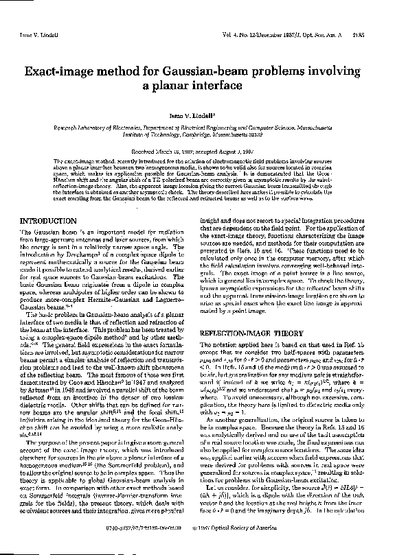 Pdf Exact Image Method For Gaussian Beam Problems Involving A Planar Interface