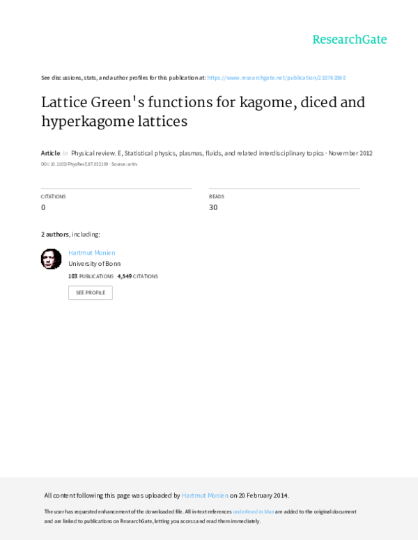 (PDF) Lattice Green's functions for kagome, diced and hyperkagome lattices