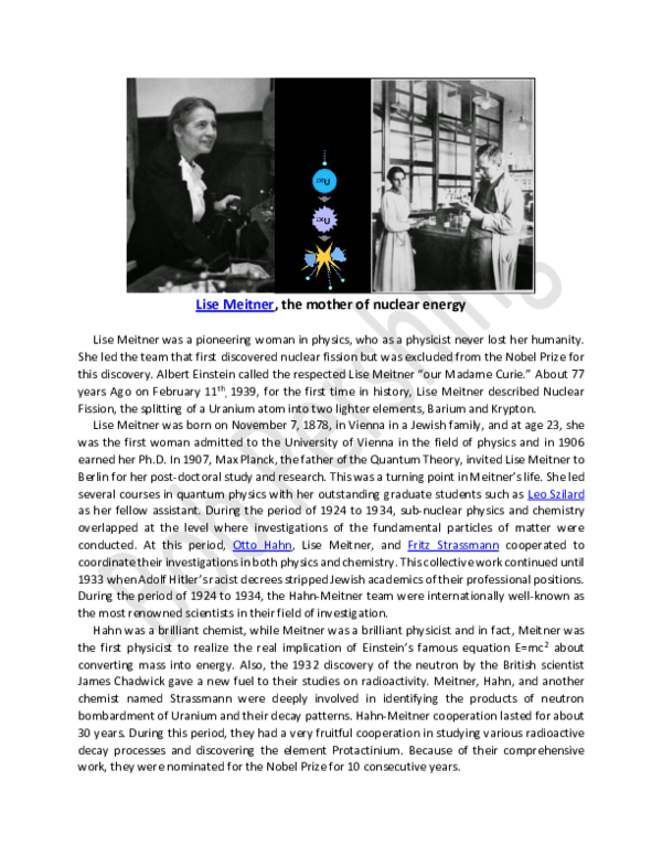 (PDF) Lise Meitner, the mother of nuclear energy