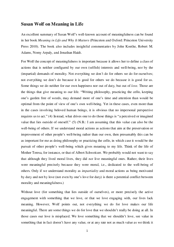 (PDF) Susan Wolf on Meaning in Life