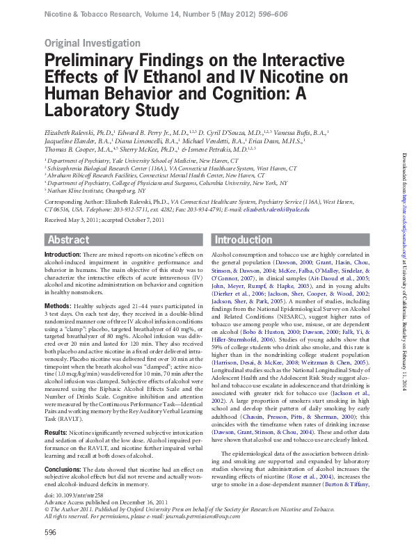 (PDF) Preliminary Findings on the Interactive Effects of IV Ethanol and ...