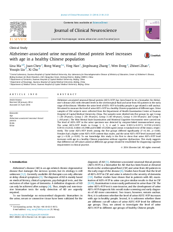 (PDF) Alzheimer-associated urine neuronal thread protein level ...