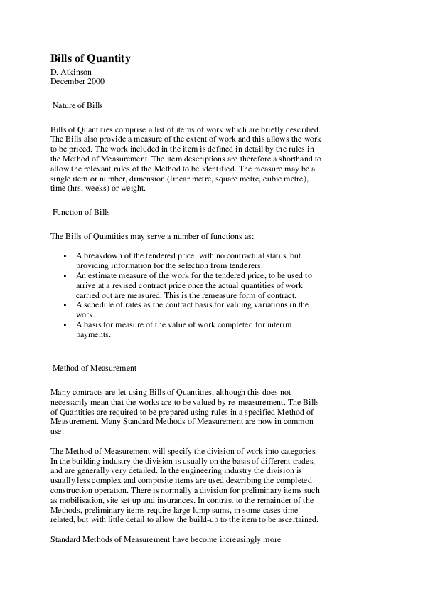 (PDF) Bills of Quantity