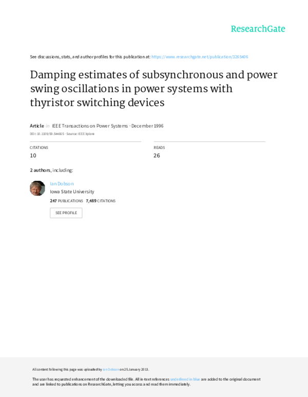 Pdf Damping Estimates Of Subsynchronous And Power Swing Oscillations In Power Systems With