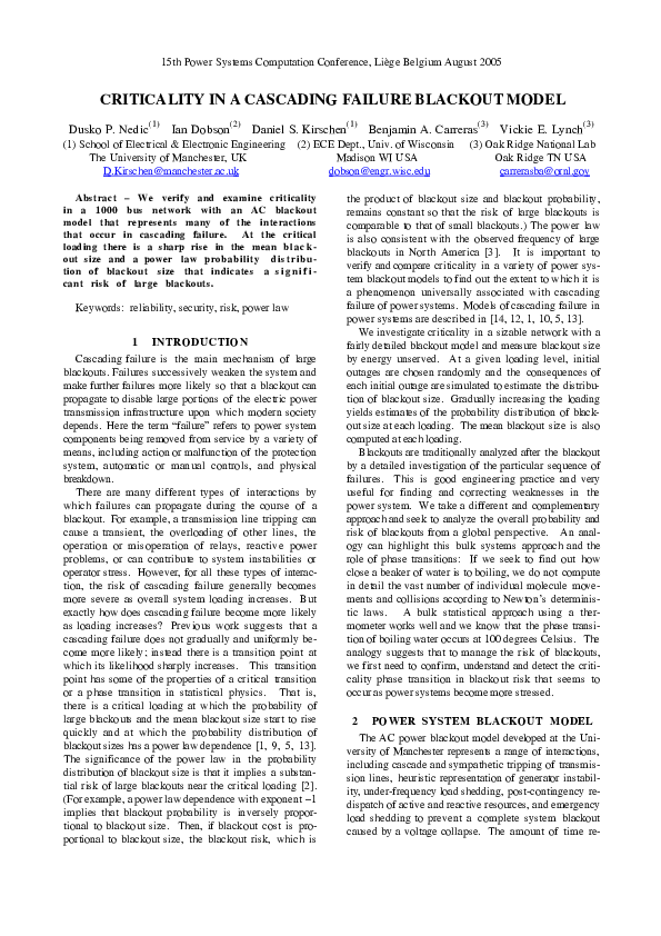 (PDF) Criticality in a cascading failure blackout model