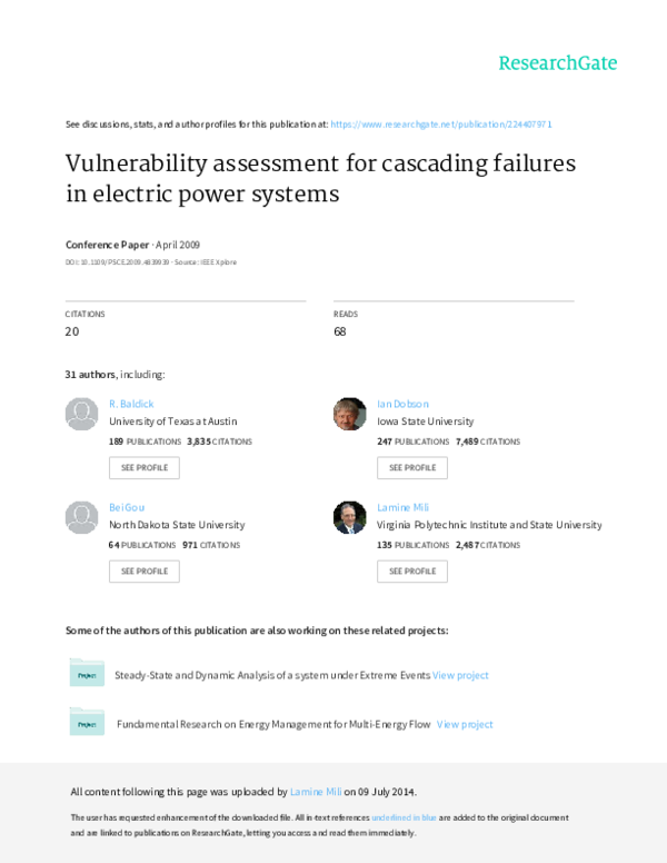 (PDF) Vulnerability assessment for cascading failures in electric power systems