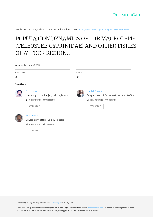(PDF) Population Dynamics of Tor Macrolepis (Teleostei: Cyprinidae) and ...
