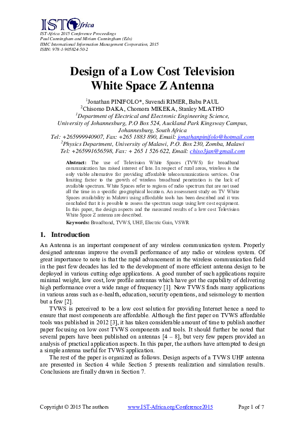 (PDF) Design of a Low Cost Television White Space Z Antenna