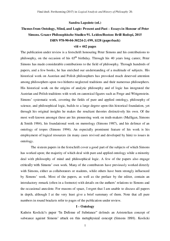 (PDF) [Sandra Lapointe (ed.) Themes from Ontology, Mind, and Logic ...