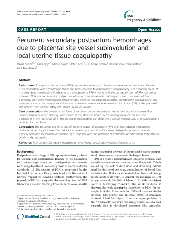 (PDF) Recurrent secondary postpartum hemorrhages due to placental site ...