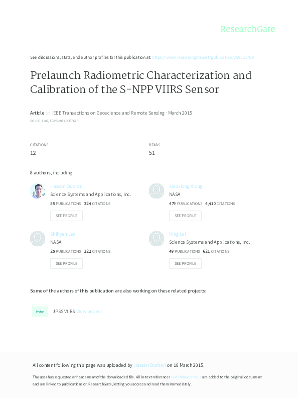 (PDF) Prelaunch Radiometric Characterization and Calibration of the S ...