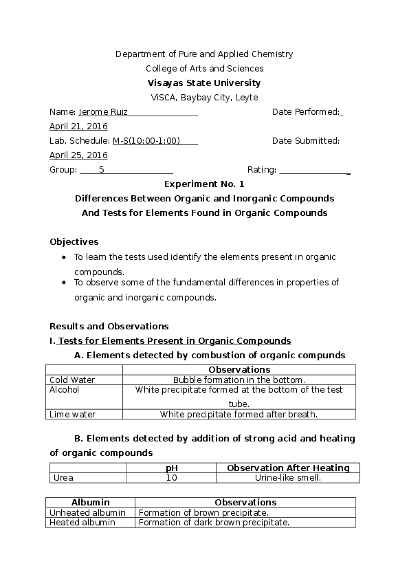 (DOC) Differences Between Organic and Inorganic Compounds And Tests for ...