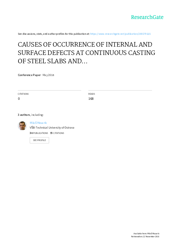 (PDF) CAUSES OF OCCURRENCE OF INTERNAL AND SURFACE DEFECTS AT CONTINUOUS CASTING OF STEEL SLABS AND