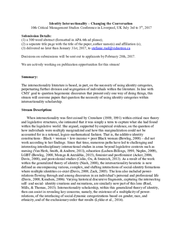 (DOC) CfP: Identity Intersectionality – Changing the Conversation (10th ...