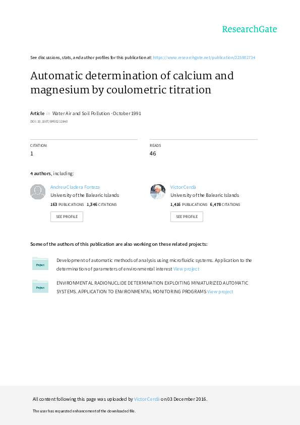 Pdf Automatic Determination Of Calcium And Magnesium By Coulometric Titration