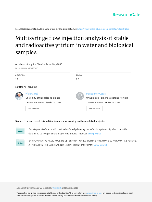 (PDF) Multisyringe flow injection analysis of stable and radioactive yttrium in water and ...