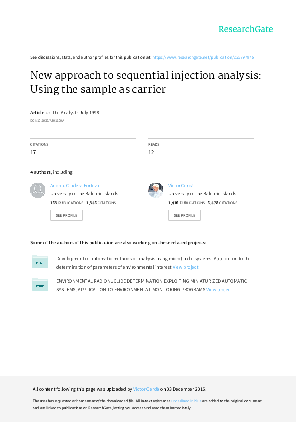 Pdf New Approach To Sequential Injection Analysis Using The Sample As Carrier