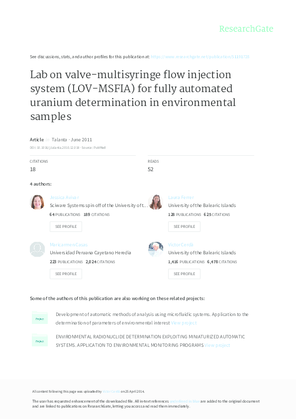 Pdf Lab On Valve Multisyringe Flow Injection System Lov Msfia For