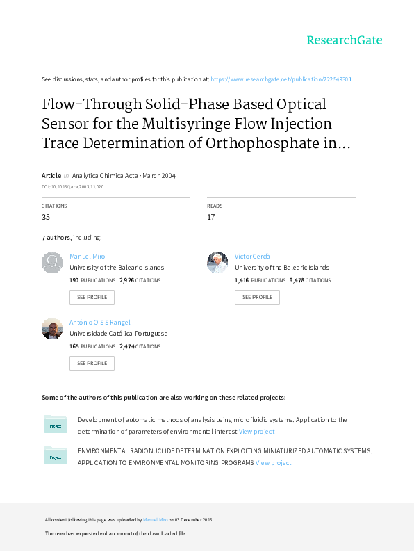 Pdf Flow Through Solid Phase Based Optical Sensor For The Multisyringe Flow Injection Trace