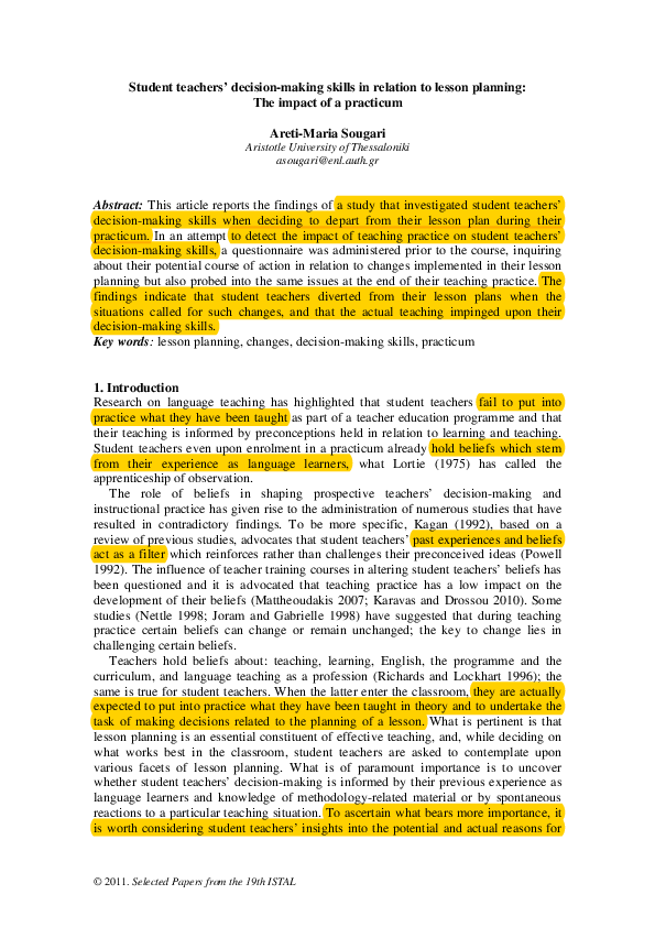 (PDF) Student teachers' decision-making skills in relation to lesson ...