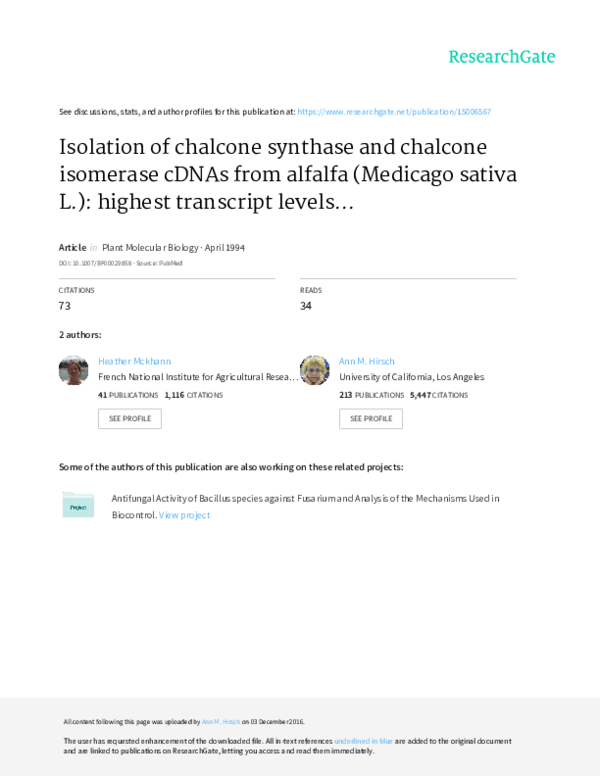 (PDF) Isolation of chalcone synthase and chalcone isomerase cDNAs from alfalfa (Medicago sativa ...