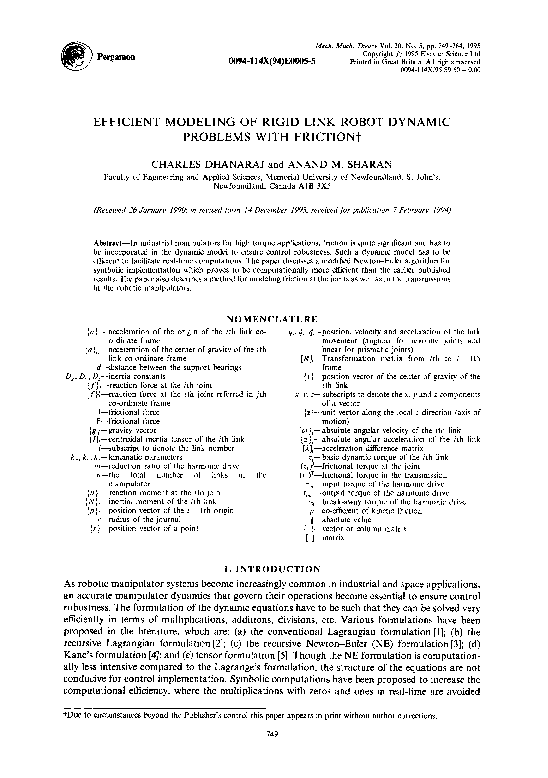 Pdf Efficient Modeling Of Rigid Link Robot Dynamic Problems With Friction